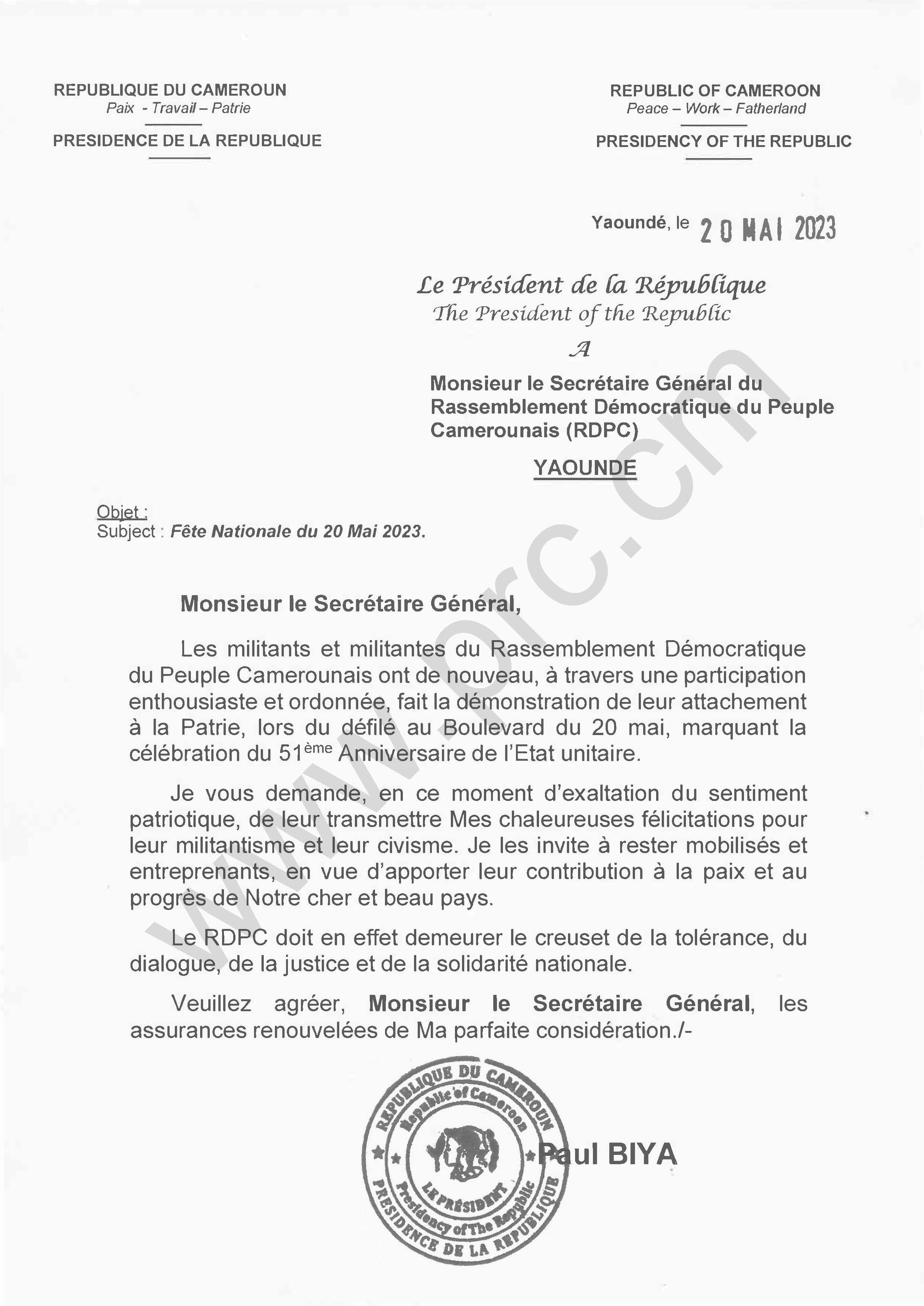 Message de félicitations du Chef de l’État à M. le Secrétaire Général du Rassemblement ...